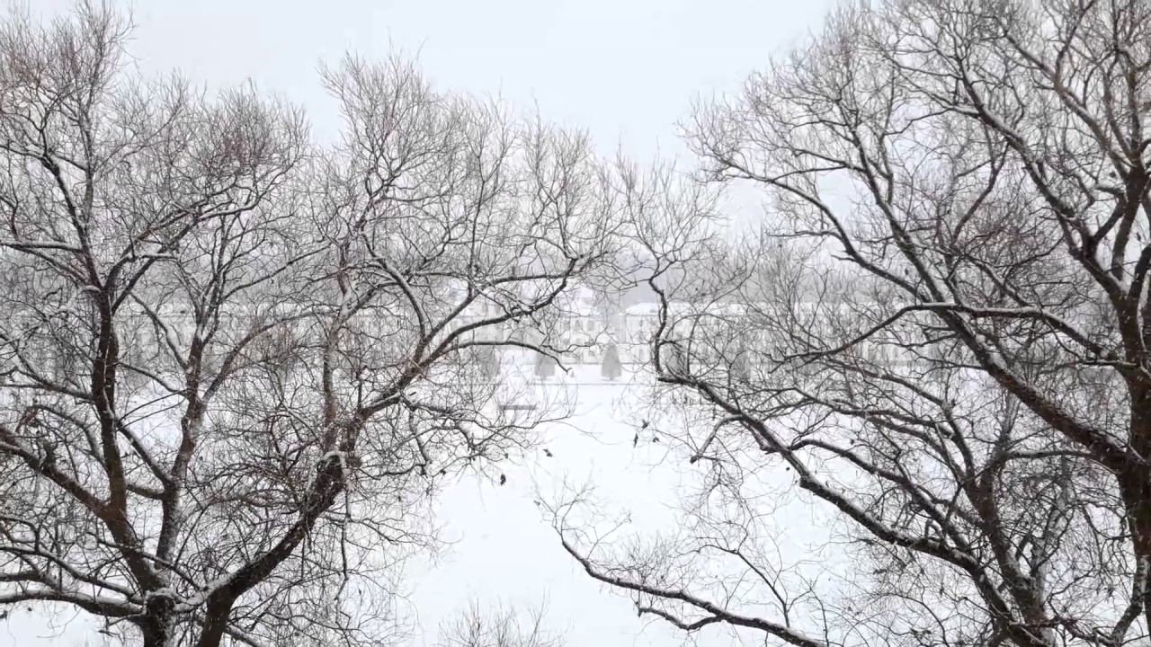 Karlberg Palace. Lovely Heavy snow fall. Window view. Stockholm, Sweden ...