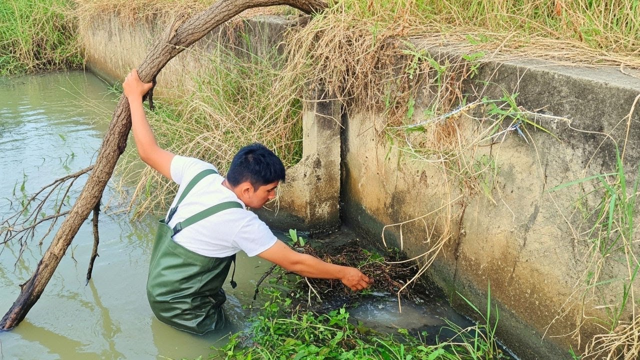 Action Remove Debris Clogged Culvert Drain In Canal For Agriculture ...