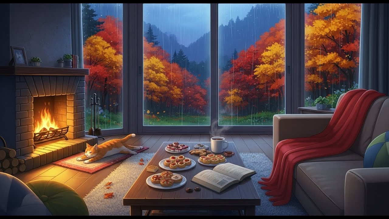 Peaceful Rainy Fireplace Night ☔🔥 | 4K Cozy Lofi for Reading & Deep ...