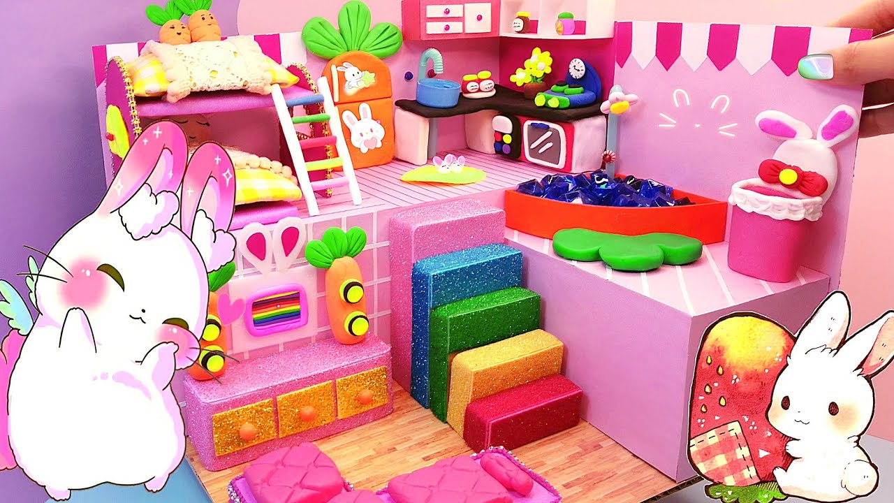 how to make cute bunny house with bunk bed, kitchen set from cardboard ...