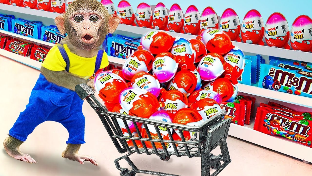 Monkey Nana go to supermarket and buy kinder joy surprise eggs | New Cartoon | Kids songs ...