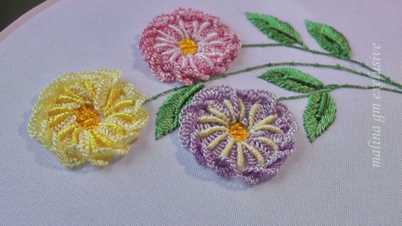 Bouquet three flowers | Dimensional Stitches | Amazing Embroidery - YouTube