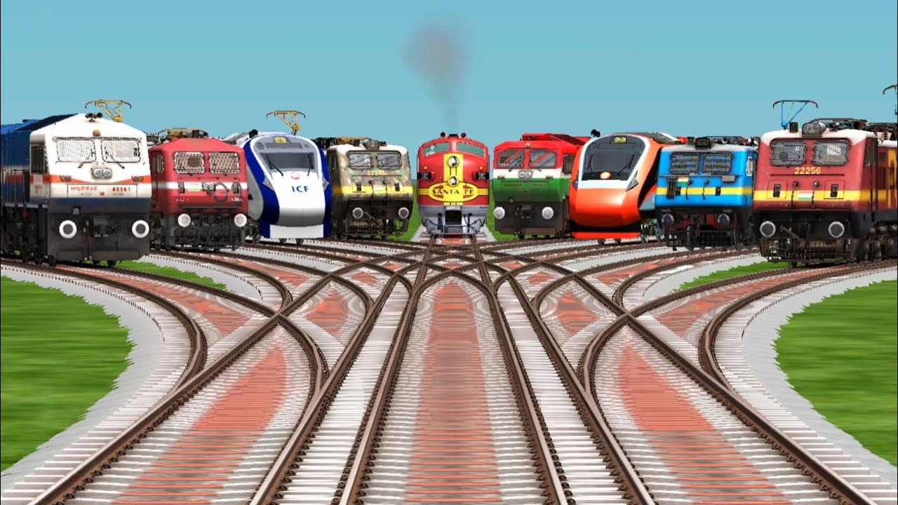All Realistic Trains Crossing By Bumpy Branched Railroad Tracks | Train ...