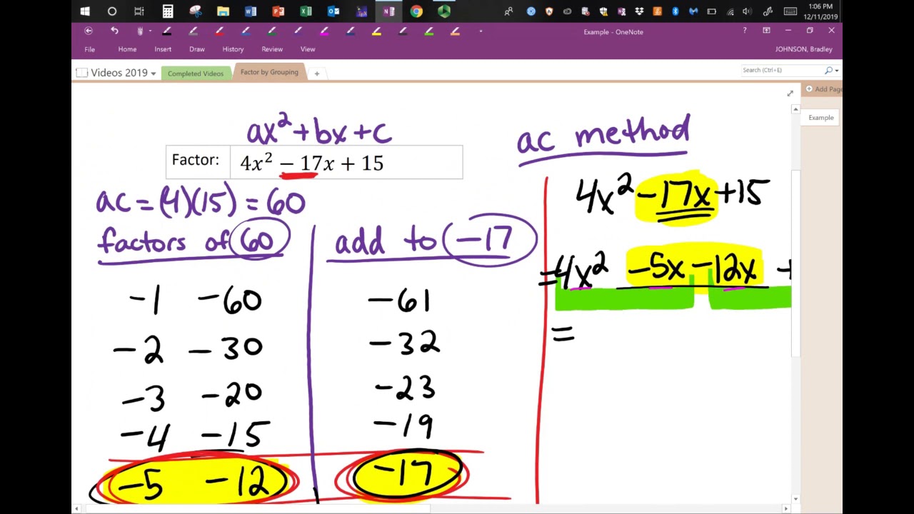 Factor by Grouping Tougher Example (ac method) - YouTube