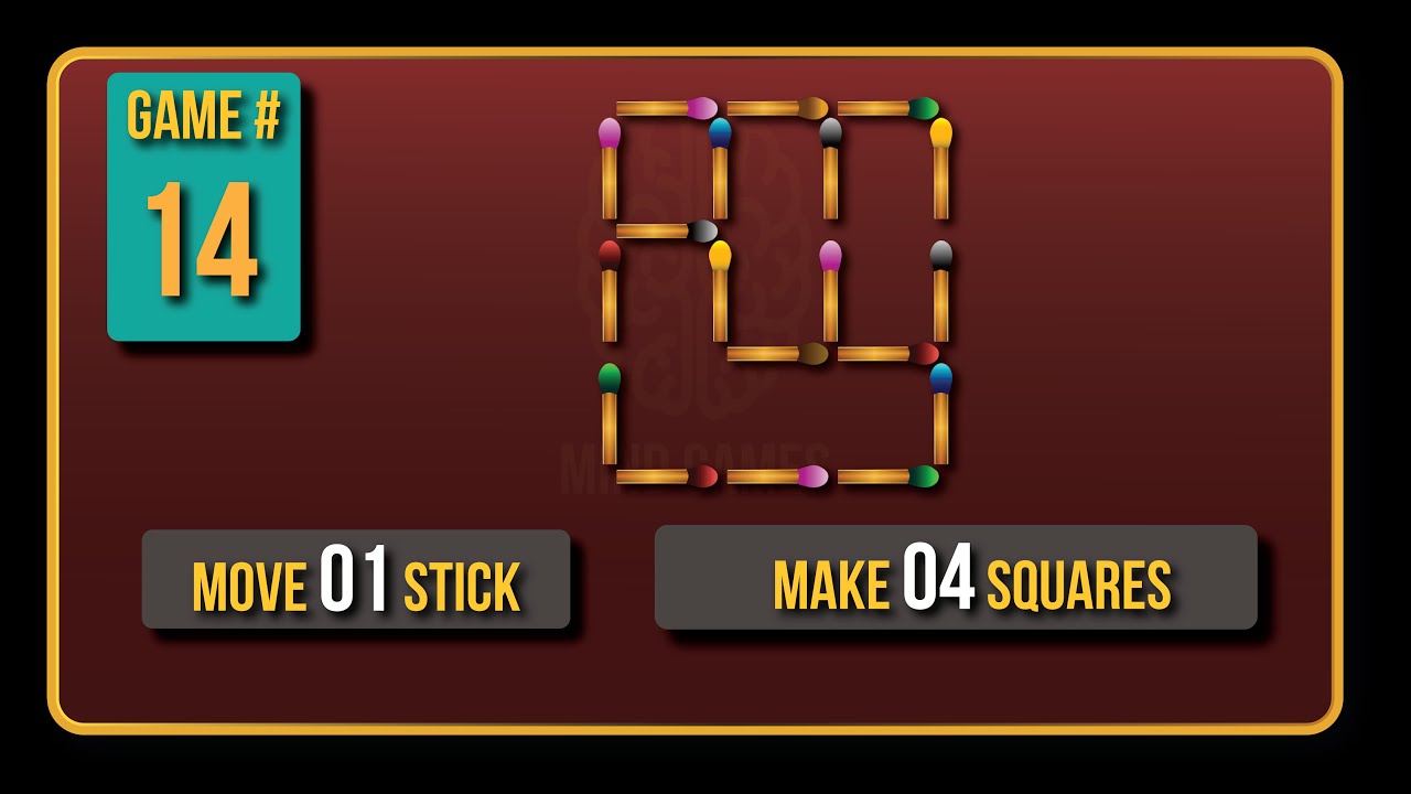 Matchstick Puzzle #14 with Answer : Move 01 stick to make 04 Squares ...