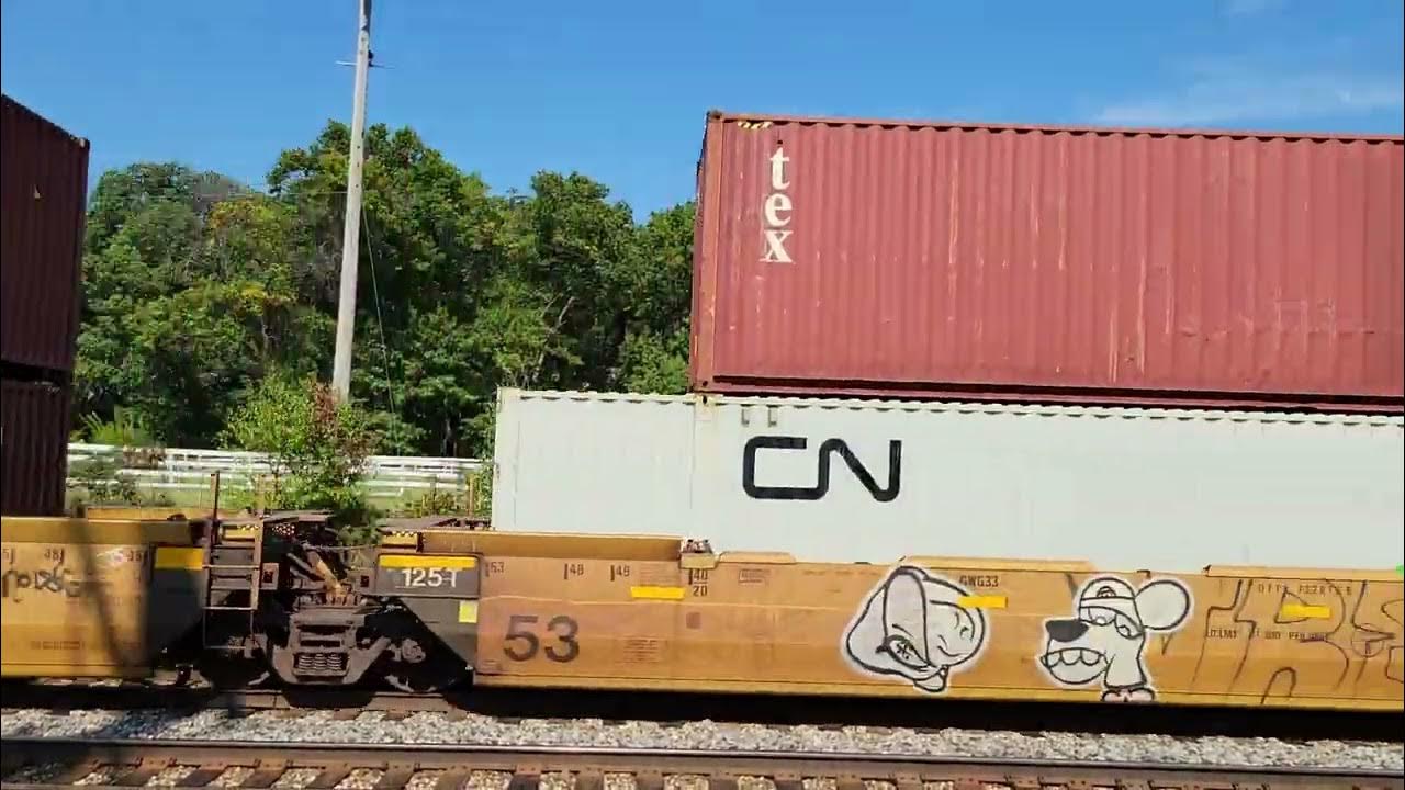 CN 2297, 2303 express a Westbound container in well car train South of Vicksburg, MI - YouTube