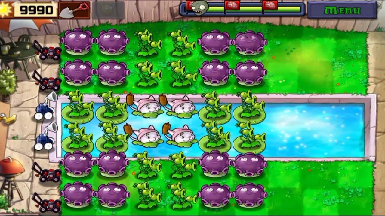 Pvz Adventure | Pool Gameplay | Cattail, Three Pea, Gloom shroom vs All ...