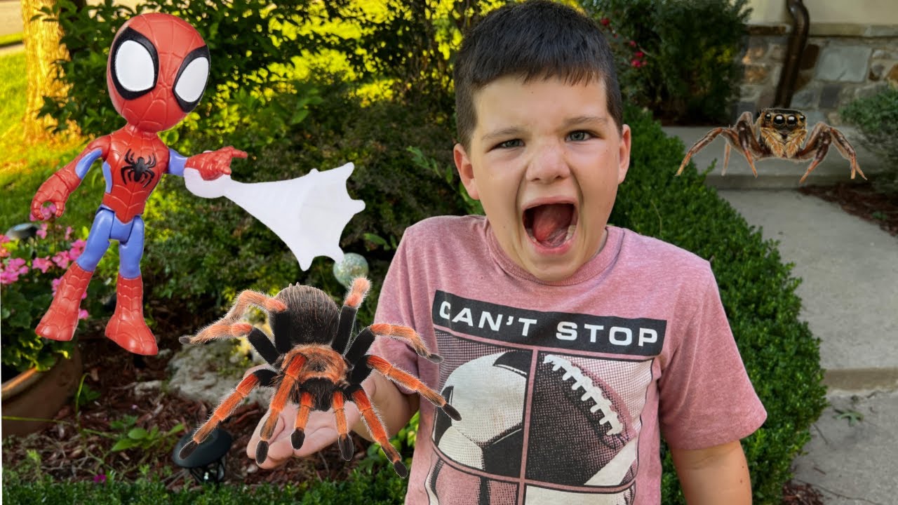 CALEB and MOMMY LOOK for SPIDERS & OPEN NEW SPIDEY & FRIENDS TOYS from HASBRO! BACKYARD BUG HUNT ...