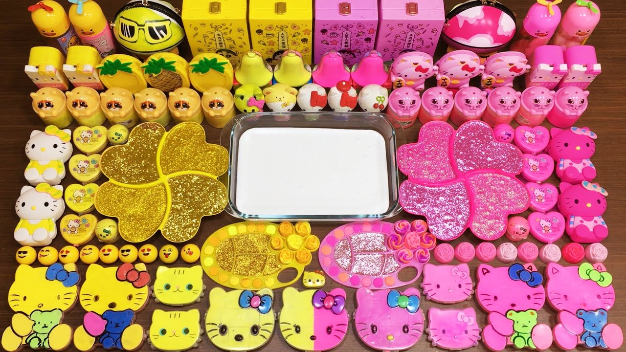 PINK vs YELLOW ! Mixing Random Things into GLOSSY Slime ! Satisfying ...