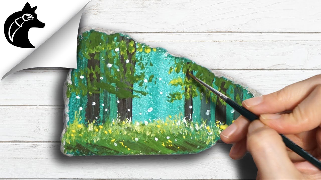 How to paint a forest rock painting tutorial - YouTube