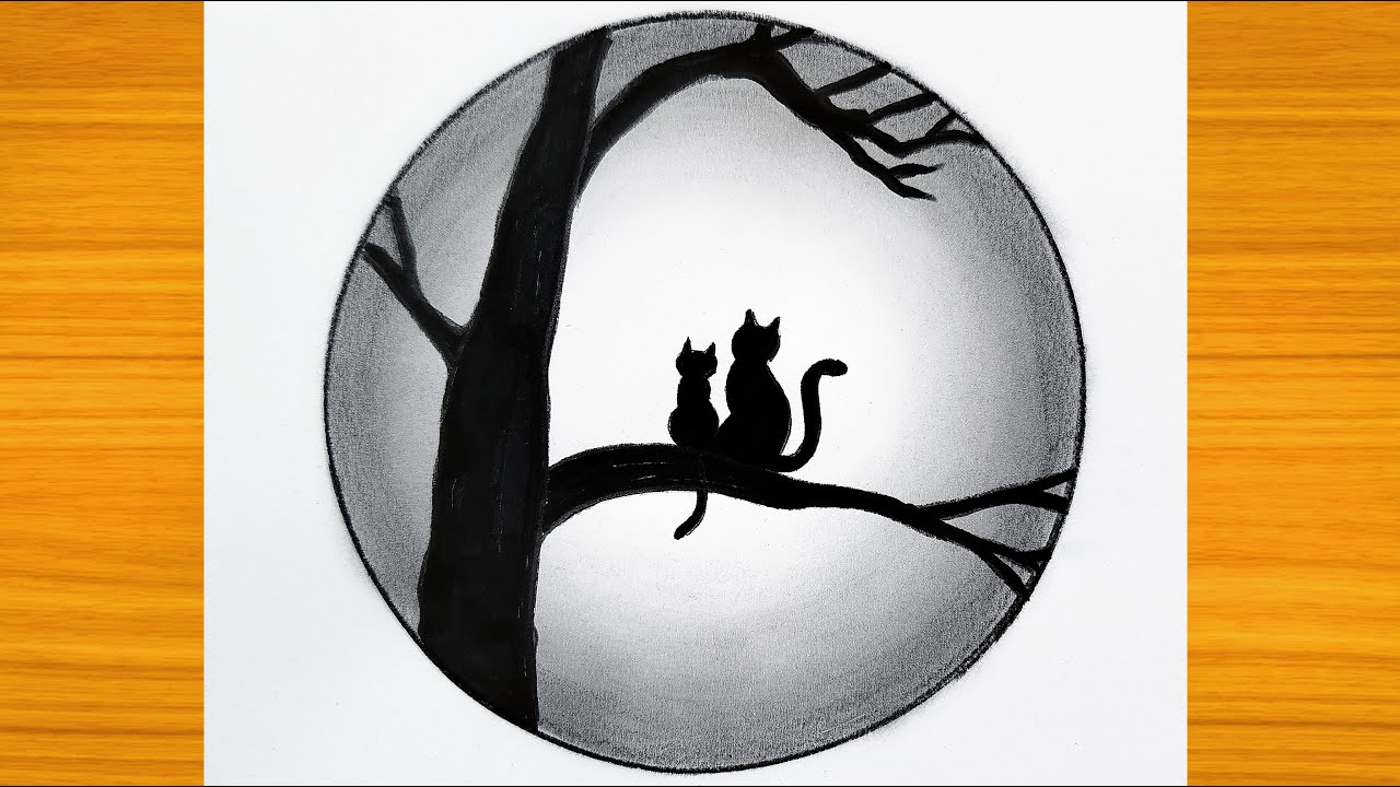 Easy scenery drawing | How To Draw Two Cats On The Tree - YouTube