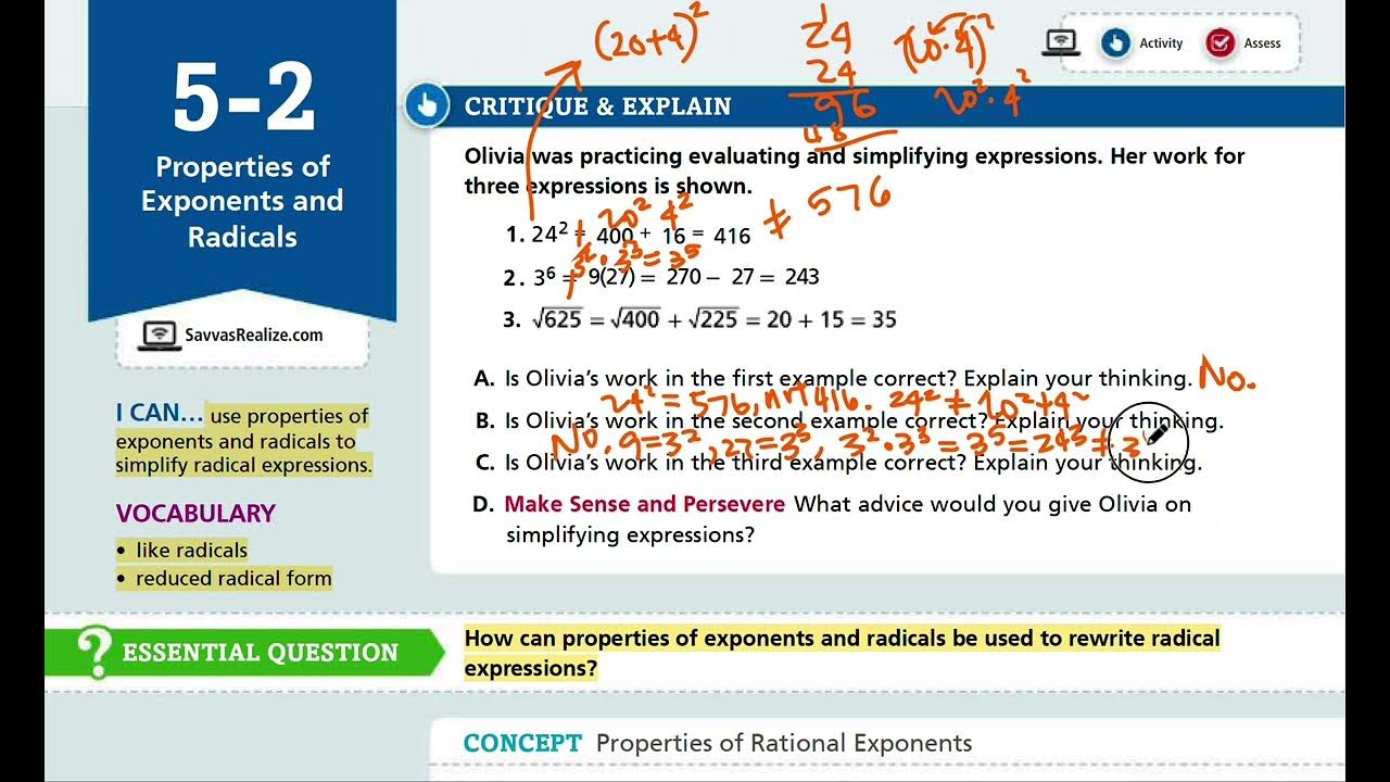 EnVision Algebra 2 Lesson 5-2: Properties of Exponents and Radicals ...