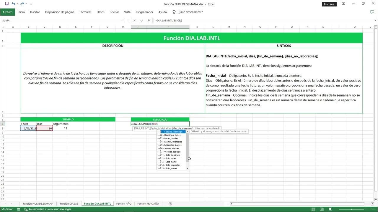 Aprende fácil la función NUM DE SEMANA, DIA LAB, DIA LAB INTL, AÑO, FRAC AÑO en Excel - YouTube