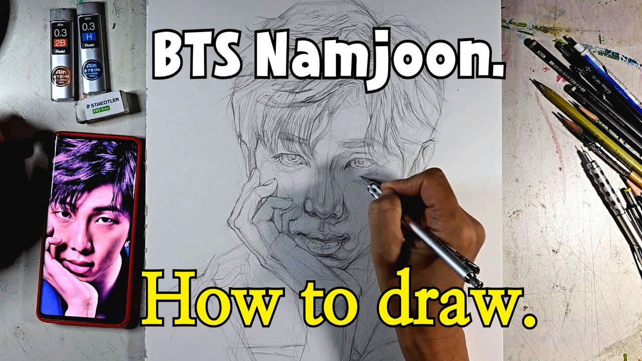4K‼️How to draw Namjoon BTS 💜 RM Drawing tutorial pencil sketch art ...