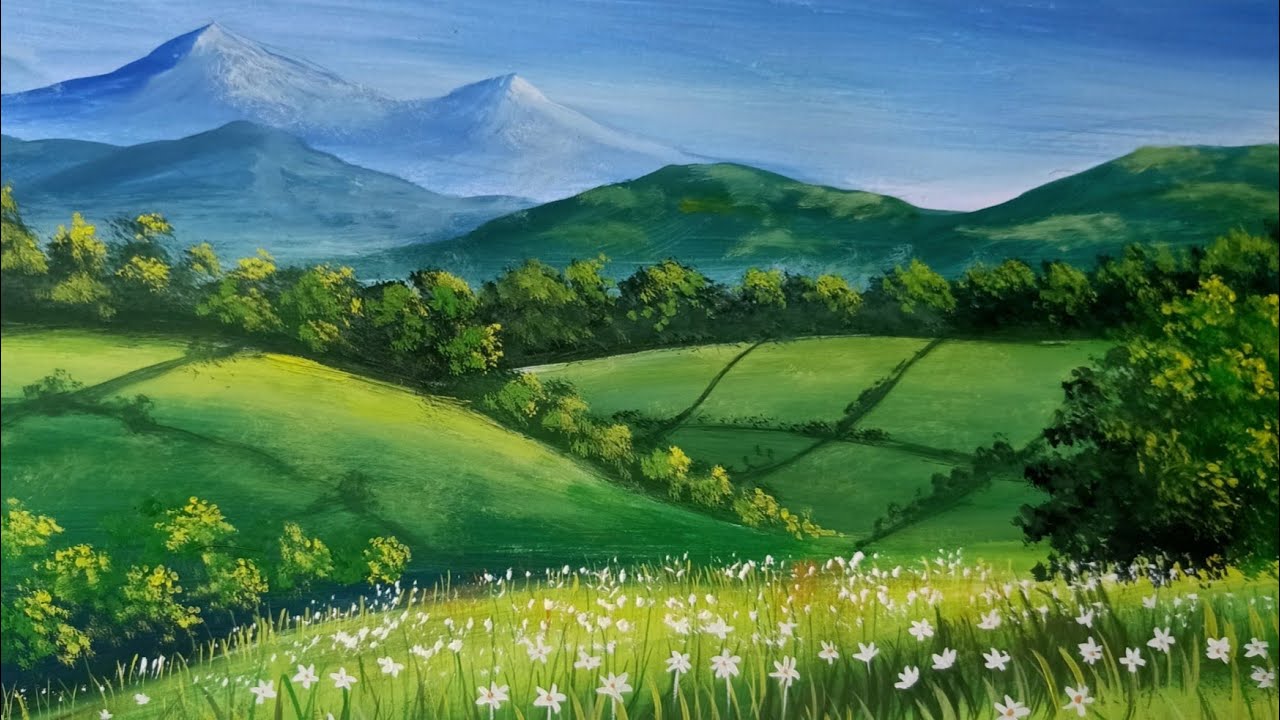 Poster Colour landscape painting | Flower field | Realtime ...