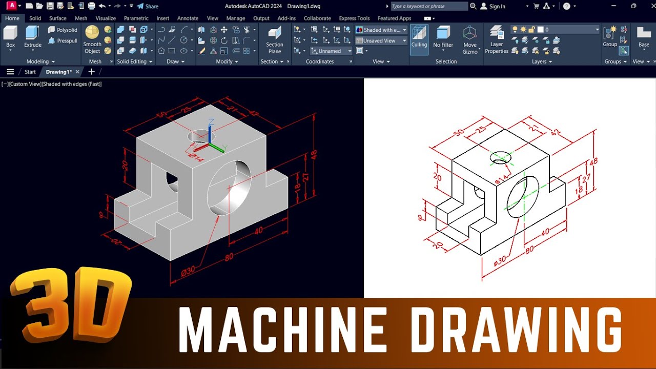 AutoCAD Machine Drawing Exercise 03 2D to 3D Full Step by Step Tutorial ...