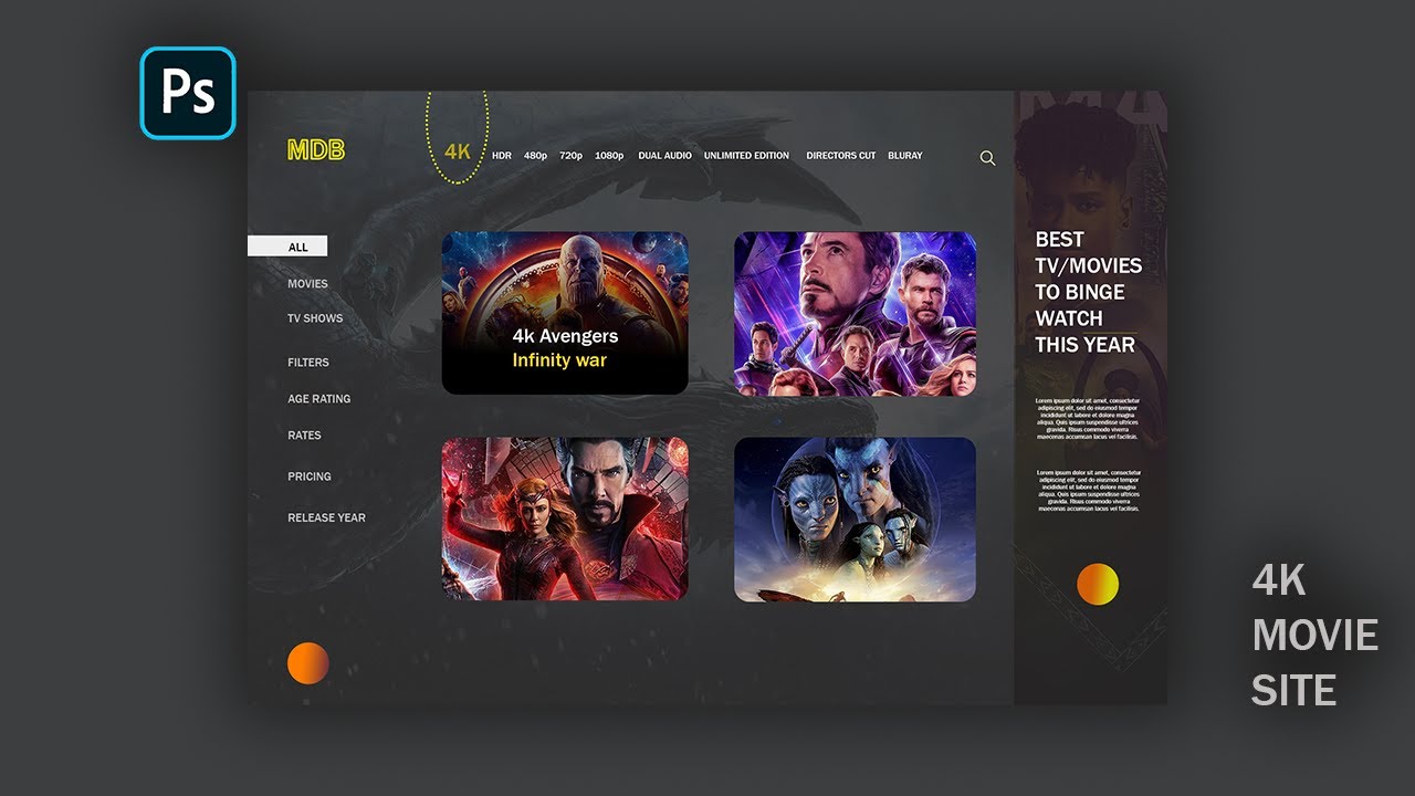 4k Movie Site UI Design In Photoshop - YouTube