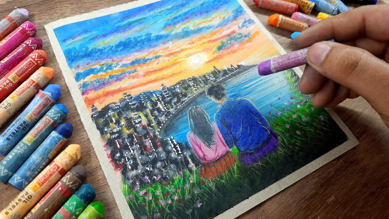 Romantic Cityscape: Couple Drawing With Oil Pastels /Oil Pastels ...