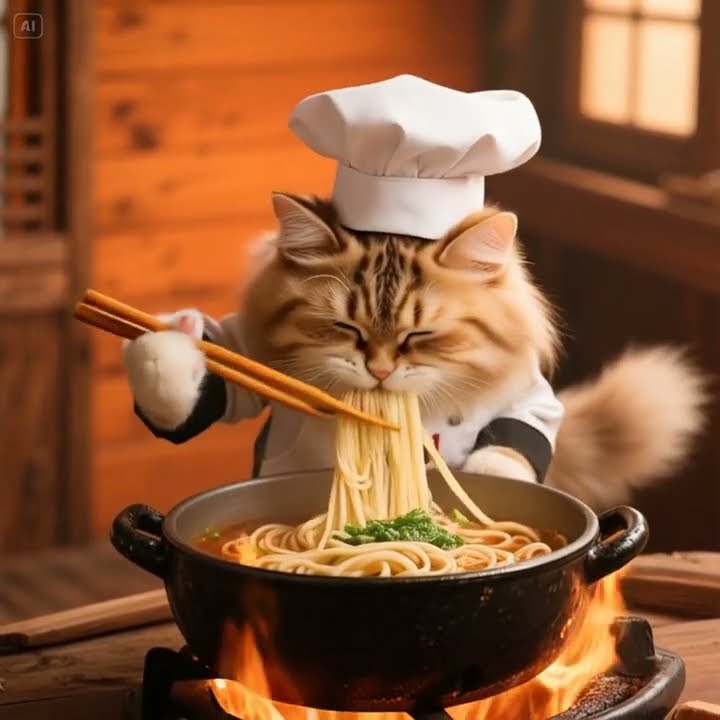 귀여운 고양이가 라면을 먹는 / cute cat enjoying ramen with chopsticks. #cat #고양이 ...