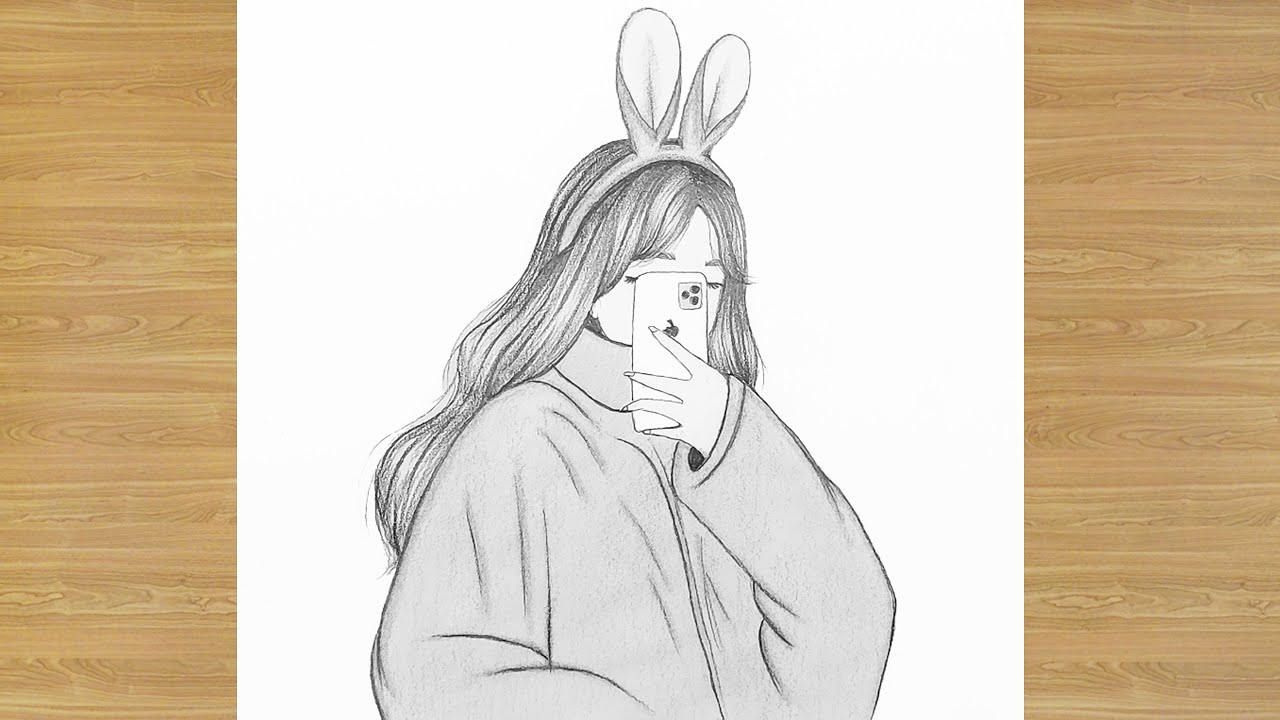 How to Draw a Cute Girl Taking a Selfie with Bunny Ears | Easy Drawing ...