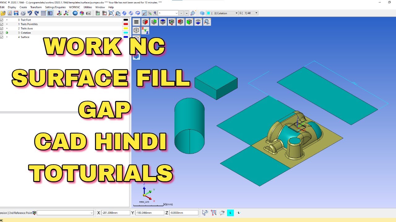 WORK NC CAD SURFACE FILL GAP 2D DRAWING HINDI TOTURIALS - YouTube
