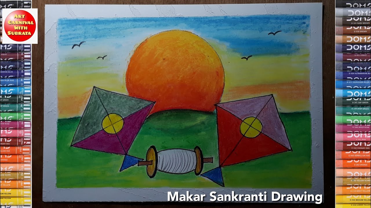 Makar Sankranti Drawing with Oil Pastels 🖍️ / Kites drawing 🪁 - YouTube