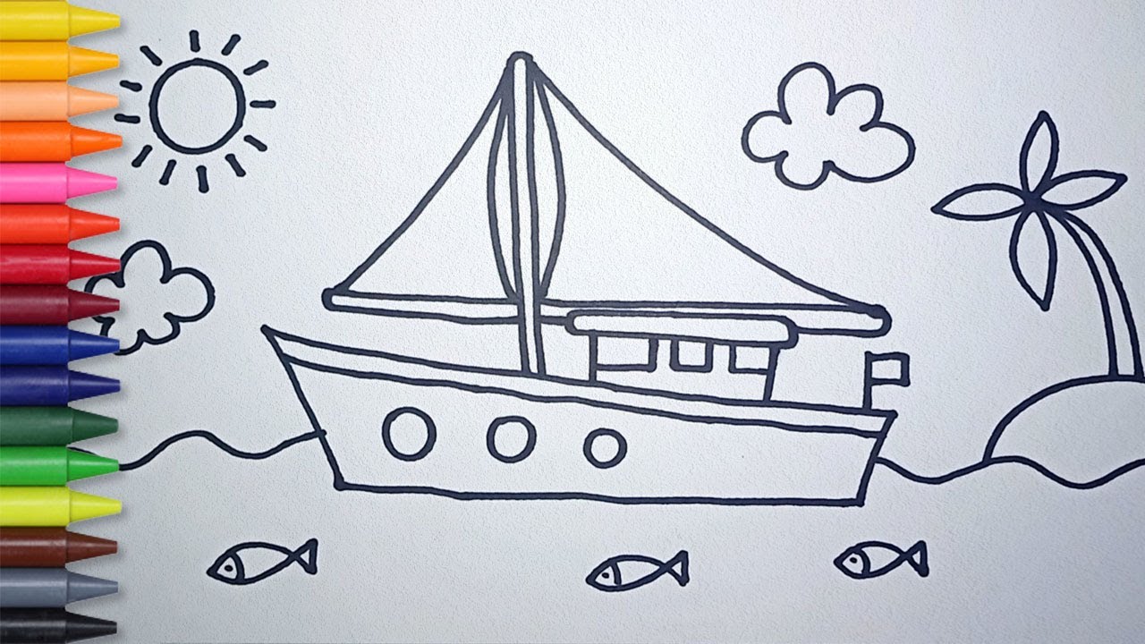 How to Draw Sailboat and Coloring Page with Crayons | Drawing and ...
