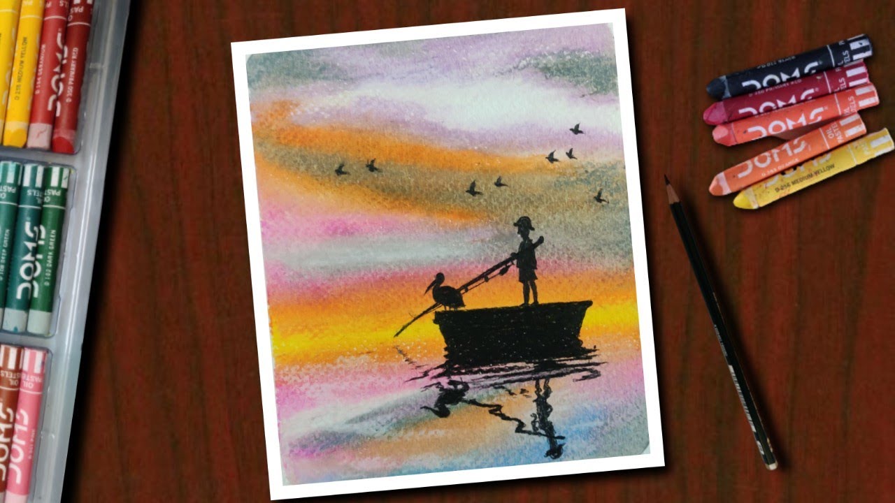 Oil Pastel Drawing / Fisherman Catching Fish Drawing / Easy Scenery ...