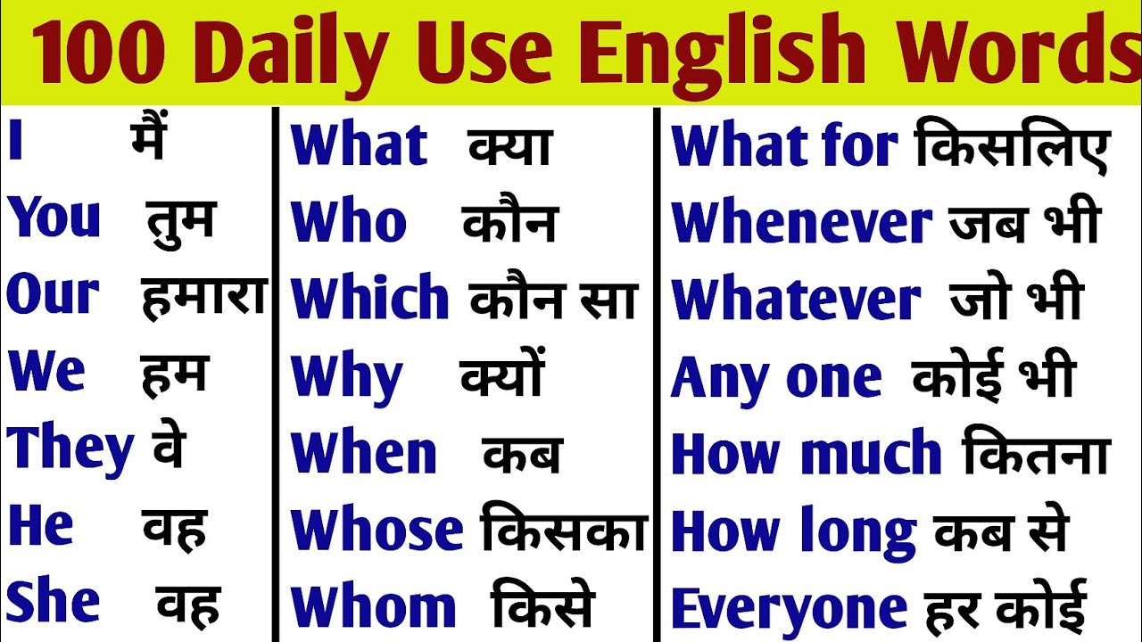 100 Daily Use Words।।100 Words with Hindi Meanings | Word Meaning ...