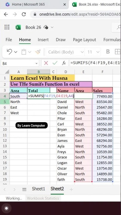How To Calculate Total Sales Of Area In Excel | Sumifs Function in ...