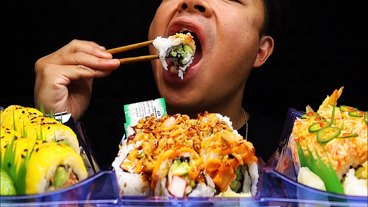 EATING SUSHI ASMR (Latin style rolls and crunch roll) - YouTube