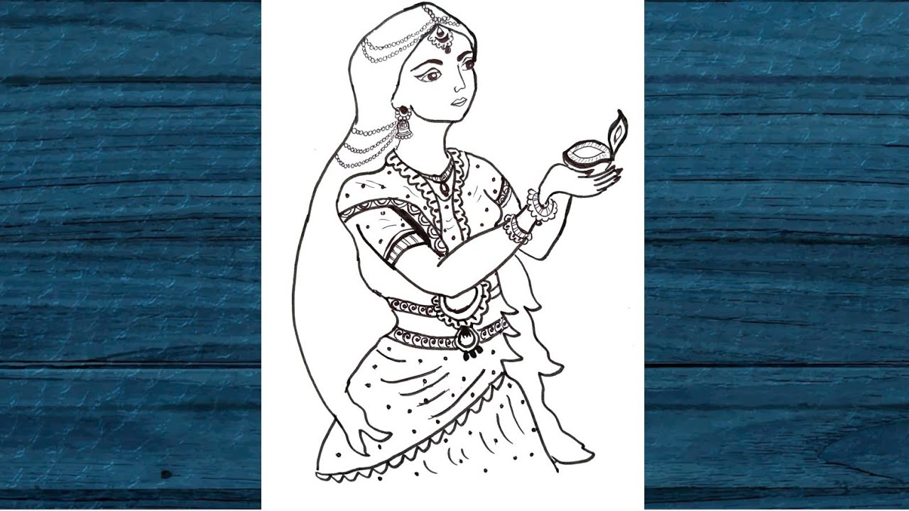 girl holding diya drawing| girl with diya drawing | easy diwali drawing ...