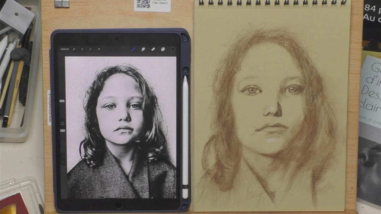 Etude d'un visage, crayon sépia, papier kraft format A4, direct atelier ...