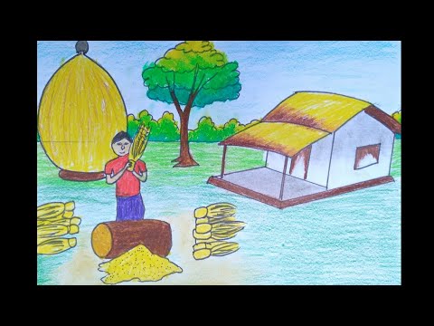 How to draw a rice threshing scenary //how to scenary of working people ...