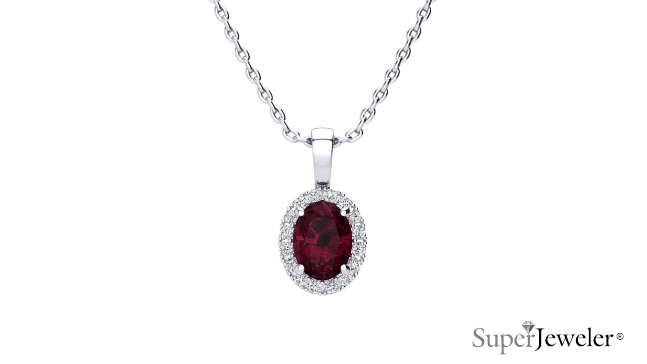 H031610 GAR WG | Oval Shape Garnet and Halo Diamond Necklace In White ...