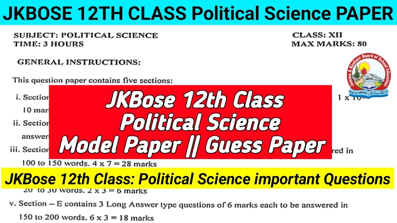 JKBOSE 12th Class 2025 Model Papers | Political Science | Jkbose 12th ...