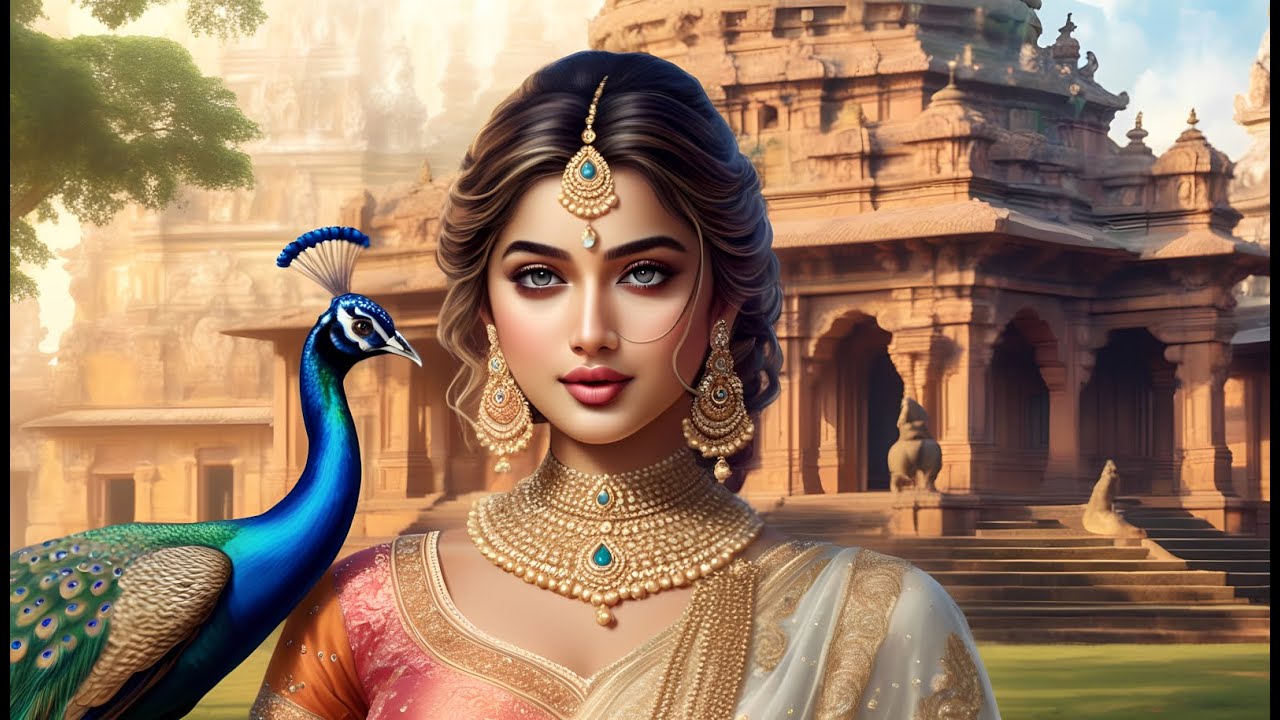 Indian Princess Enchanted by a Majestic Peacock at a Divine Temple ...