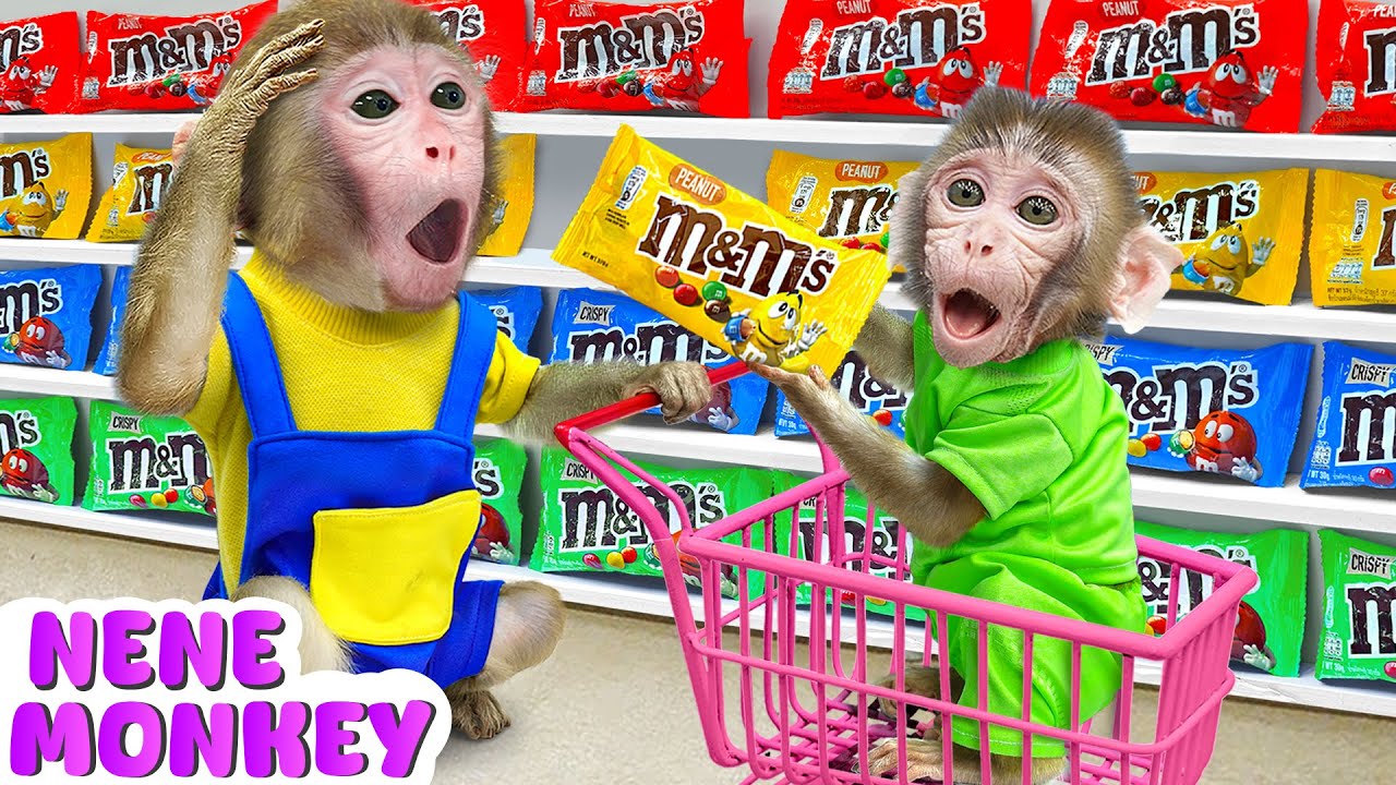 Baby Monkey NeNe Go To The Supermarket To Buy Mixing Rainbow M&M ...