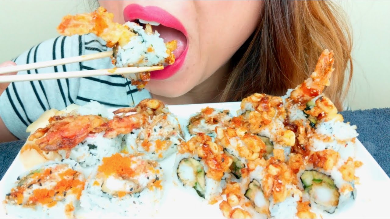 ASMR SUSHI Fried CRAB & SHRIMP (SPIDER ROLL) 먹방 *No Talking* suellASMR ...