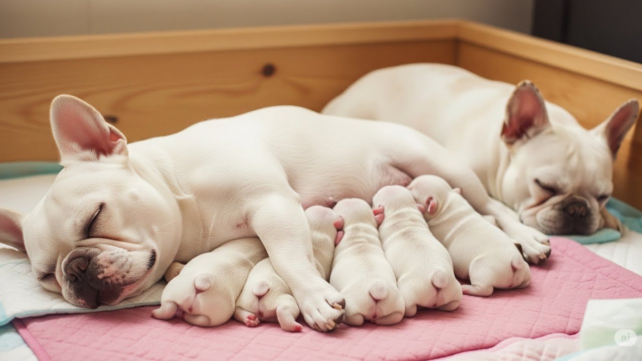 Heartwarming French Bulldog mother lying down for nursing her six ...
