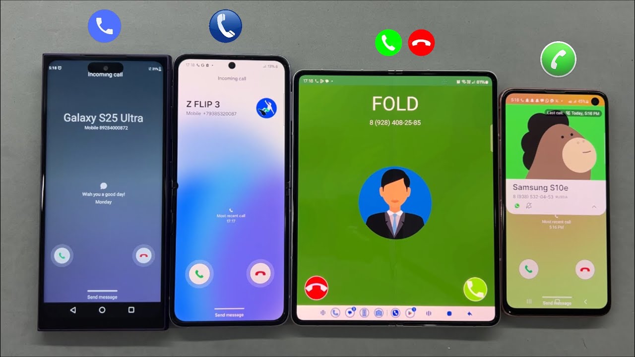 Incoming call Mobile phone Samsung Galaxy S25 Ultra + S10e + Z Flip 3 ...