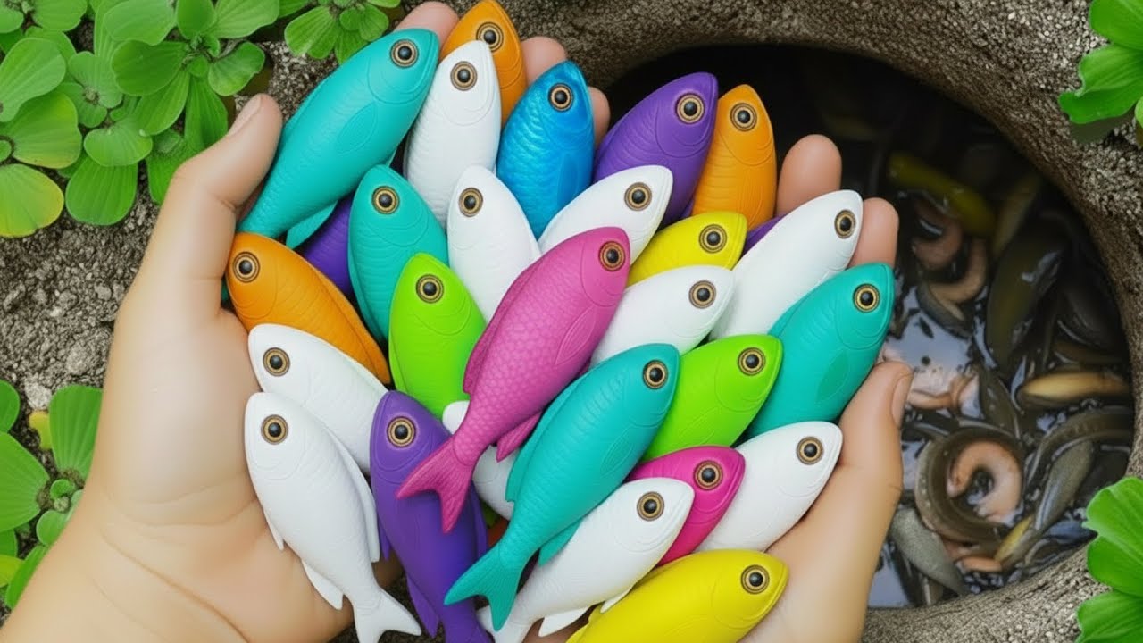 Catch beautiful aquarium fish in small pond baby turtles, eel, frog ...