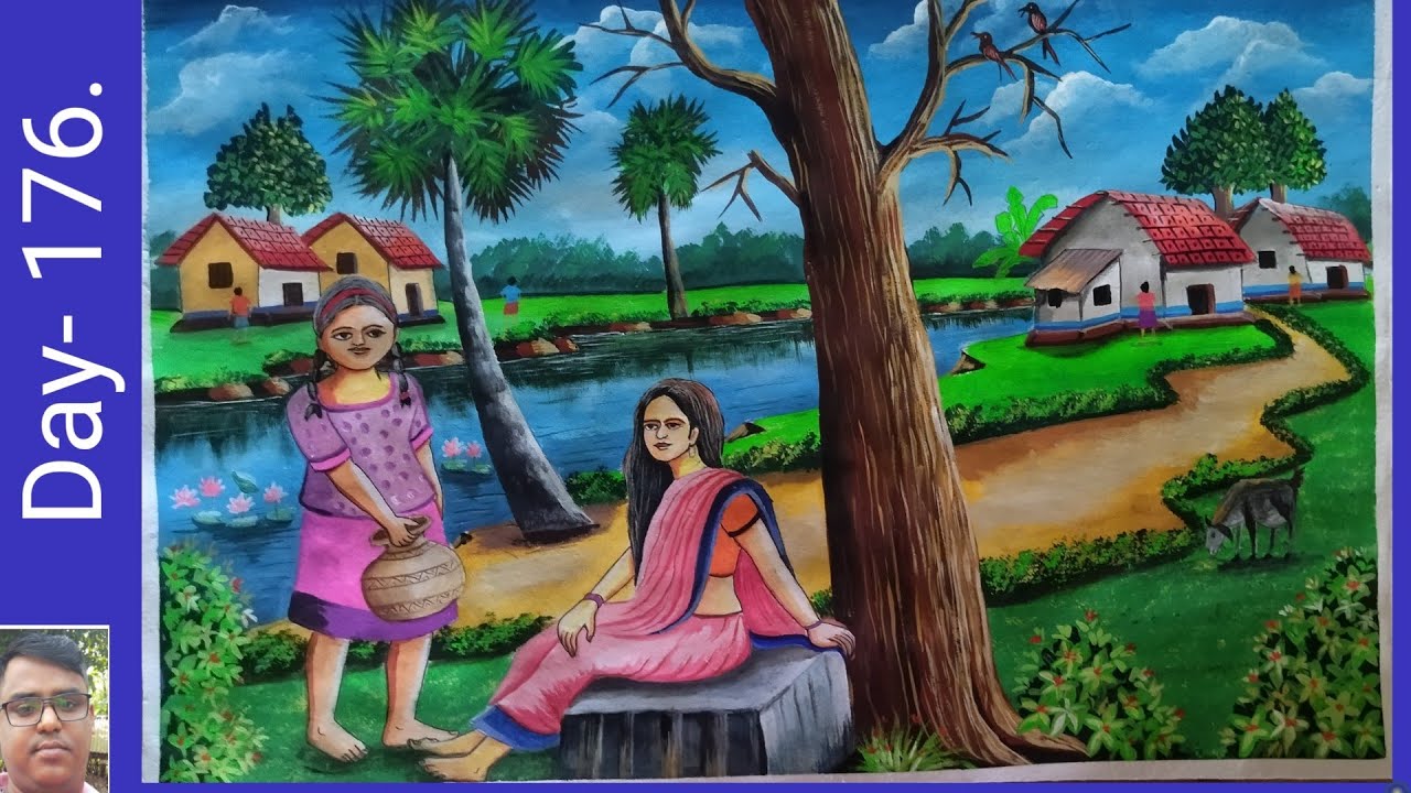 How to draw village scenery easy, women drawing, Draw beautiful woman ...