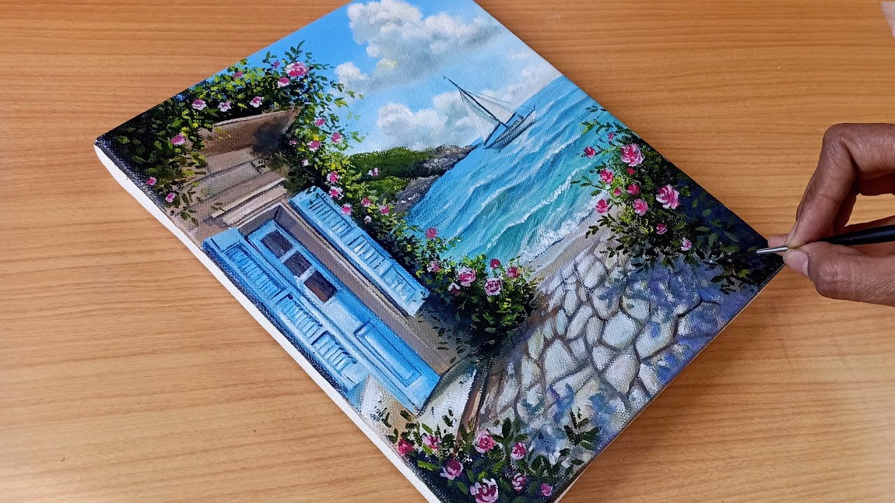 How to draw a beautiful seaside view// Easy Acrylic painting//step by ...