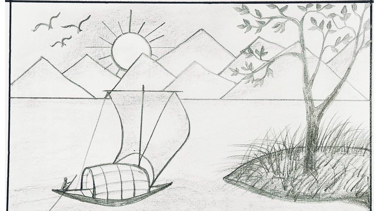 How to draw a River Scenery Drawing || Gramin drawing🏞️ prakrutik ...