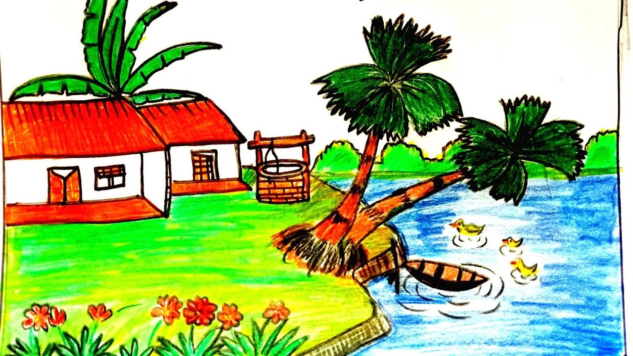 How to draw a village scenery 🐽step by step ||nurture village || Akti ...
