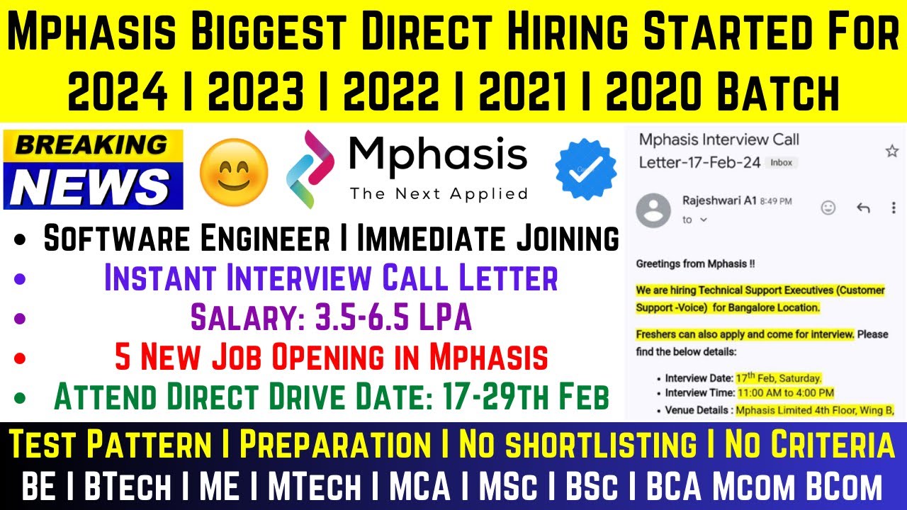 Mphasis Biggest Direct Hiring For 2024-2020 Batch | Interview Call ...