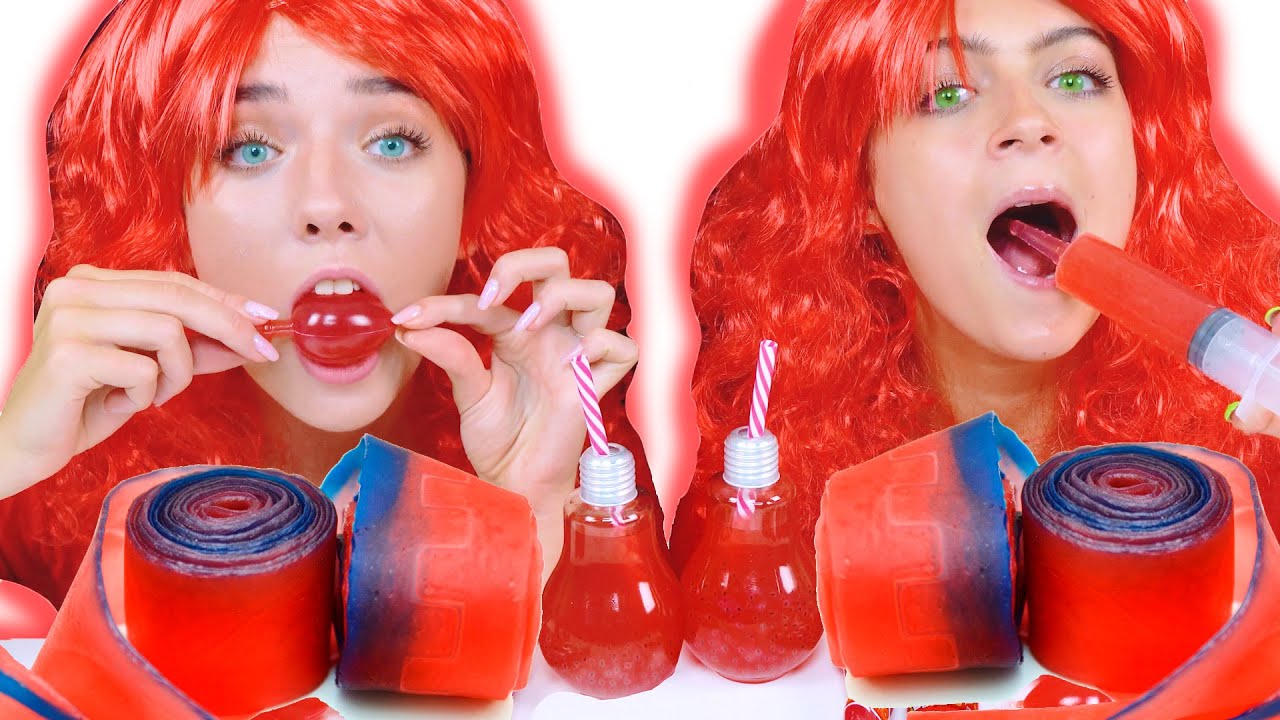 ASMR Eating Only One Color Food Red Jello Candy Race Mukbang - YouTube