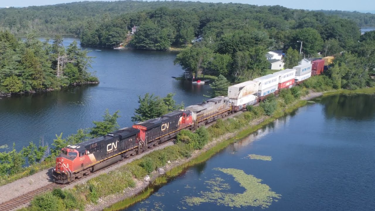 Awesome 4K Aerial View! Long Stack Train CN 120 passing Rocky Lake near ...