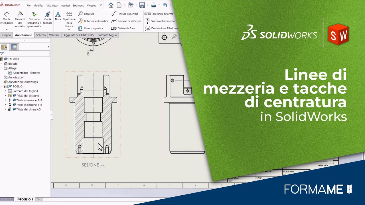 Linee di mezzeria e tacche di centratura in SolidWorks - YouTube